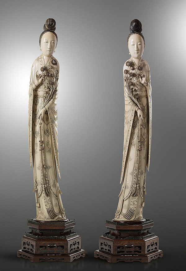Exceptionally rare pair of princess in carved and inlaid ivory - XIX ...